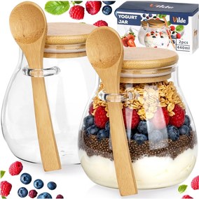 VILDE Sada 2ks sklenic na jogurt / dezert s bambusovým víčkem a lžicí, 2x440ml