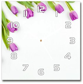 Wallmuralia Skleněné hodiny čtverec Fialové tulipány 30x30 cm