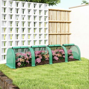 Mini skleník Outsunny - mini tunelový skleník pro pěstování rajčat 4 x 1 x 0,8 m, ocel, vysokohustotní PE 140 g/m², proti UV, 4 dveře s rolovacím zip…