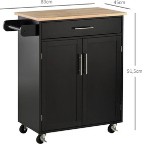 HOMCOM Kuchyňský vozík na kolečkách, Servírovací vozík, Kuchyňský ostrůvek s šuplíkem, skříňkou a držákem na utěrky - 83Š x 45H x 91,5V cm Černý