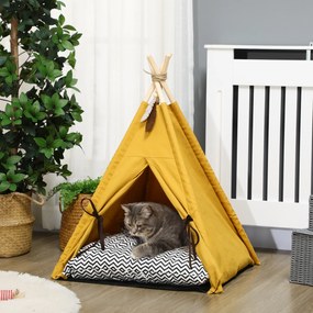 PawHut kočičí domeček teepee stan pro psy s polštářem, protiskluzový, s míčkem na hraní, z borovicového dřeva, vnitřní, žlutý| Aosom