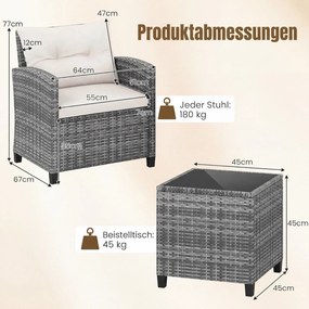 Costway Ratanový set zahradního nábytku 3-dílný balkonový nábytek s 2 – bílý