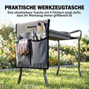 Outsunny Kladívková lavice na zahradní práce, skládací zahradní stolička s polštářem na kolena, kapsami na nářadí, do 150 kg, 58 x 28 x 49 cm, šedá