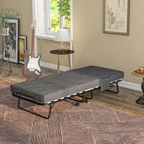 Skládací postel pro hosty HOMCOM s kolečky, 190x80 cm, 10 cm matrace, potah a boční taška, tmavě šedá, ideální do ložnice a na cesty | Aosom.de