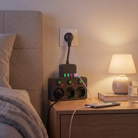 Toolight Toolight, JNH018, zásuvkový rozbočovač 3 zásuvky + 3× USB-A + USB-C s LED světlem, černá, OSW-56307