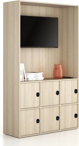 Kancelářská skříň FRAME, 6x dveře, prostor pro TV, 1299 x 450 x 2162 mm, RFID zámek, dub přírodní