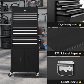 box na nářadí 3 v 1, skříňka na nářadí se 4 kolečky, uzamykatelný box na nářadí s 9 zásuvkami, ocel, černá barva