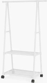 věšák, stojan na šaty, A konstrukce, 2 police, kolečka, kov/plast, 158x52/86x42 cm, bílá, Dekorino TK20260029