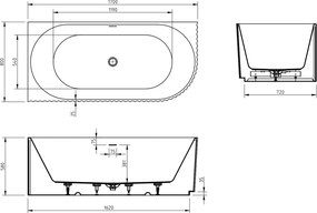 Mexen Gia, volně stojící rohová vana, drážkovaná, levá, 170 x 80 cm, černá matná, 52701708071L-SS