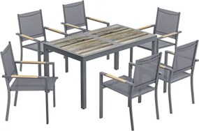 Outsunny jídelní souprava pro 6 osob, stůl a židle, stohovatelné síťované židle a stůl s dekorativní dřevěnou deskou, tmavě šedá