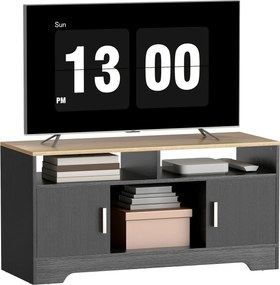 HOMCOM TV stolek ze dřeva s 2 nikami, 2 skříňkami s dvířky, 1 otevřenou skříňkou, 105 x 40 x 52 cm, černý dekor dřeva