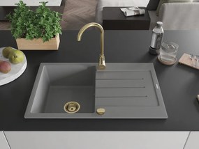 Mexen Bruno, granitový dřez 795x495x200 mm, 1-komorový, šedá se zlatým sifonem, 6513791010-71-G