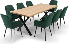 Vikio Jídelní set pro 8 osob 180x90 cm soft dub noha X zelená židle s područkami VJS228-8Z