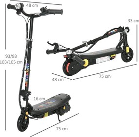 HOMCOM 120W Skládací elektrická koloběžka pro děti 7-14 let, max. rychlost 12 km/h, dojezd 10 km, černá