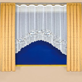 Tylex kusová záclona ZIMNÍ KRAJINA, bílá s modrými domečky, zimní, výška 160 cm x šířka 300 cm (na okno)