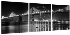 Obraz - Černobílý most (s hodinami) (90x30 cm)
