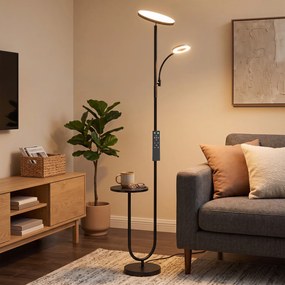 HOMCOM LED stropní reflektor s odkládacím stolkem a čtecí lampou, stmívatelná stojací lampa s dálkovým ovládáním, 4 barevné teploty