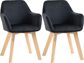 HOMCOM Sada 2 ergonomických kuchyňských židlí s prodlouženými područkami a opěradlem, nosnost do 120 kg, polyester a dřevo, černá 54x57x80 cm