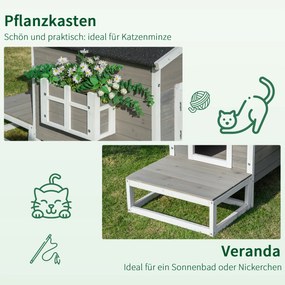 PawHut kočičí domek Kočičí domek s terasou a balkonem pro psy a kočky, jedlové dřevo, šedá a bílá, 115 x 66,5 x 74,7 cm | Aosom.de