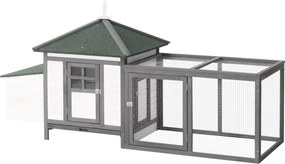 PawHut Kurník pro Bantamky 196 x 76 x 97 cm s hnízdící krabicí, výběhem a bidýlkem, dřevěný domek pro malé zvířata, šedý | Aosom