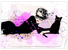 Skleněný obraz - Žena s černou kočkou (70x50 cm)