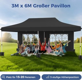 Costway Pavilon skládací pavilon s 6 odnímatelnými bočními stěnami a – černý