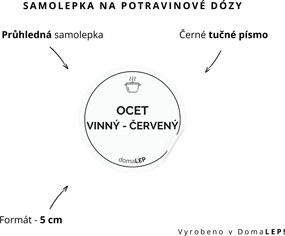OCET VINNÝ ČERVENÝ - omyvatelná samolepka na dózu, výběr rozměrů Ø 5 cm / 5 x 5 cm / 6 x 8 cm | DomaLEP tvar: KOLEČKO, barva: PRŮHLEDNÁ - ČERNÉ písmo, velikost: Ø 5 cm - tučné písmo