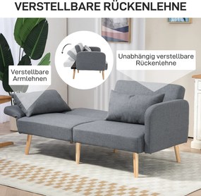 HOMCOM 3místná pohovka s funkcí spaní, 170x83x80cm, s 3stupňovým nastavením opěradla a nohou, vlnité pružiny, přehozové polštáře, vzhled lnu, šedá| A…