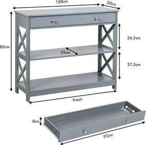Costway Konzolový stůl 3 úrovně se zásuvkou ze dřeva – 100 × 30 × 80 cm, šedá