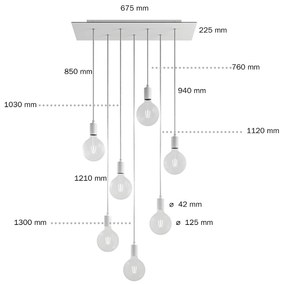 creative cables Závěsná lampa se 7 světly, s obdélníkovým XXL baldachýnem Rose-one, textilním kabelem a kovovými komponenty Barva: Hladký ocelový dibond