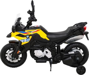 Ramiz Dětská motorka na baterie BMW F850 GS žlutá + pomocná kolečka + audio LED + pomalý start + EVA