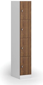 Šatní skříňka S1 s úložnými boxy, 4 boxy, 1850 x 300 x 500 mm, demont, otočný zámek, laminované dveře, ořech