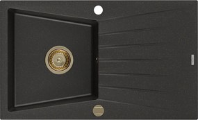 Mexen Cesar, granitový dřez 775x470x190 mm, 1-komorový, černá-zlatá metalíza se zlatým sifonem, 6514771010-75-G