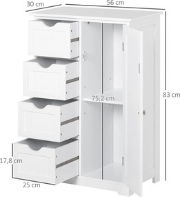 Kleankin Koupelnová Pomocná Skříň s Dveřmi, 4 Šuplíky a Nastavitelnou Policí pro Kuchyni a Obývací Pokoj 56x30x83 cm Bílá