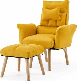 relaxační křeslo, polohovací, s podnožkou, dřevo/textil, 101x85x69 cm, nohy světlé/hořčicová, Dekorino SILVANA