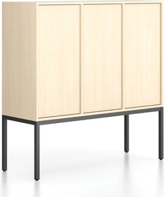 Kancelářská skříň FRAME, nízká, černá podnož, 3x dveře, 1299 x 450 x 1331 mm, PUSH-lock, bříza