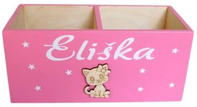Dřevěný pastelkovník se jménem a kočičkou - růžový