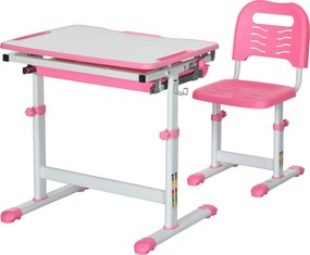 HOMCOM Nastavitelný školní stůl pro děti ve věku 6-12 let, set stolu a židle s 45° naklápěcí deskou, zásuvkou, 2 držáky na tužky a háčkem, růžový | Ao