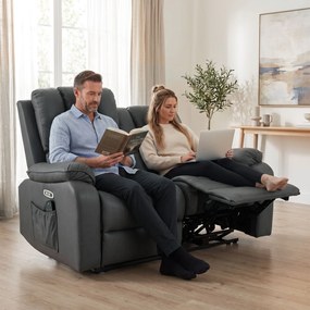 HOMCOM 2-místná elektrická relaxační pohovka z Leathaire s masážní a vyhřívací funkcí, 2 dálkové ovladače, USB-/USB-C porty