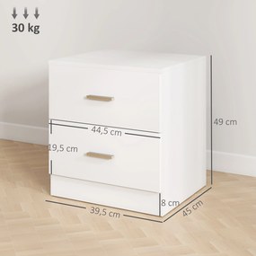 HOMCOM Moderní Noční Stolek s 2 Zásuvkami, Stolek do Obývacího Pokoje a Ložnice, Nosnost 30 kg, 45x39,5x49 cm, Bílý