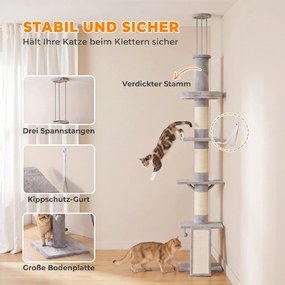 PawHut Škrabadlo do stropu 230–260 cm výškově nastavitelné Kočičí strom s 5 patry 3 silné sisalové škrabadla, sisalová škrabadlová deska