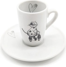 Porcelánový espresso šálek Kočka na kole s podšálkem, 130 ml – černobílý, s autorským designem pro milovníky koček a cyklistiky