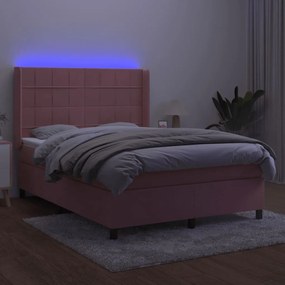 Box spring postel s matrací a LED růžová 140x200 cm samet 3139570