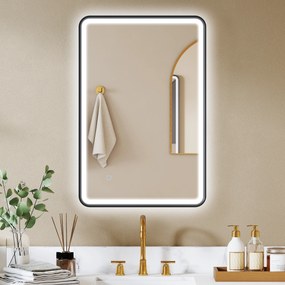 HOMCOM 90 x 60 cm LED koupelnové zrcadlo, světla, 3 barvy, stmívatelné, paměťová funkce, horizontálně a vertikálně, černé
