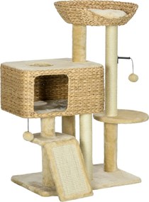 PawHut škrabadlo pro kočky 98 cm strom pro kočky se 2 opěrnými plochami, škrabadlo pro kočky s míčem pro kočky do 6 kg, nábytek pro kočky, sisal, béž…