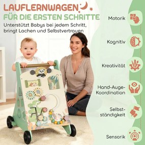 AIYAPLAY Dřevěný chodítko Montessori s regulací rychlosti, xylofonem, ozubenými koly a bludištěm s korálky, zelené
