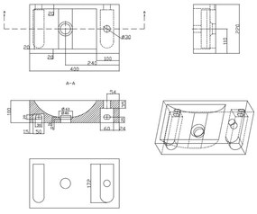 Sapho, BLOK kamenné umyvadlo 40x10x22 cm, otvor vpravo, černý Antracit, 2401-28