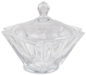 Transparentní hranatá skleněná nádoba na bonbony s víkem s broušeným povrchem – 11x11 cm