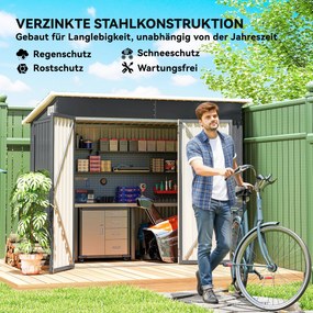 Outsunny plechový zahradní domek 2,68 m² – zamykatelný, 3 dveře, větraný, pultová střecha, rukavice v balení (234 × 132 × 185 cm)