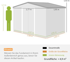 Outsunny kůlna na nářadí 4,9 m², zahradní kůlna s jednoplášťovou střechou, posuvné dveře, základy, 277 x 195 x 192 cm, pozinkovaná ocelová kůlna na n…
